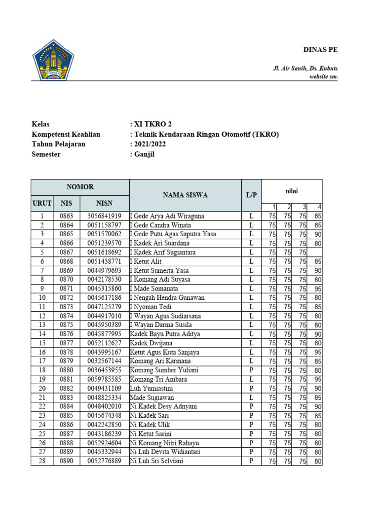 Daftar Hadir Siswa XI TKRO 2 | PDF
