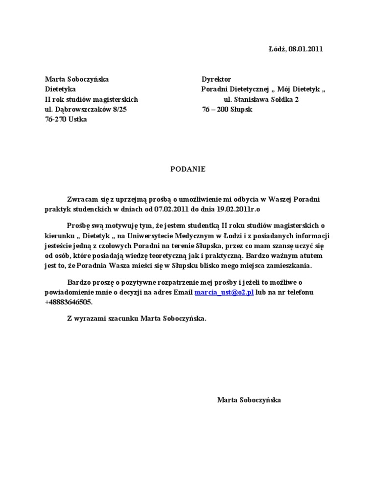 Podanie o Praktyki