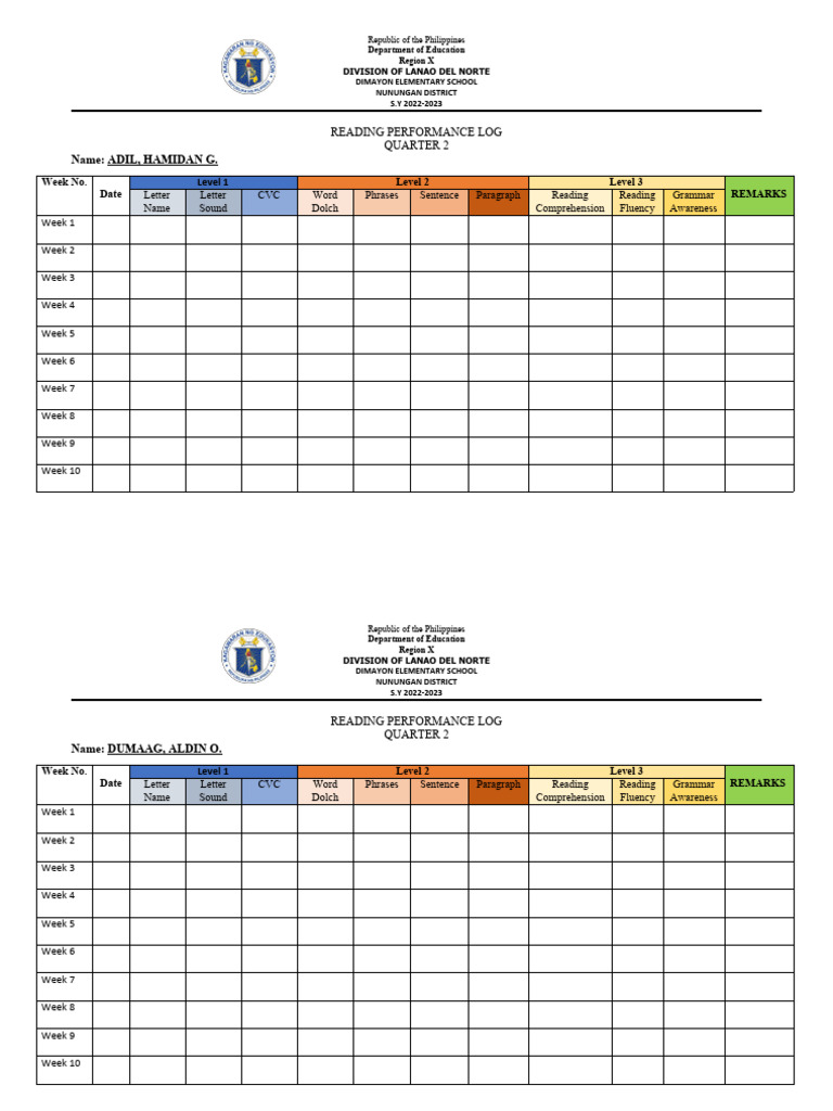 Reading Performance Log | PDF