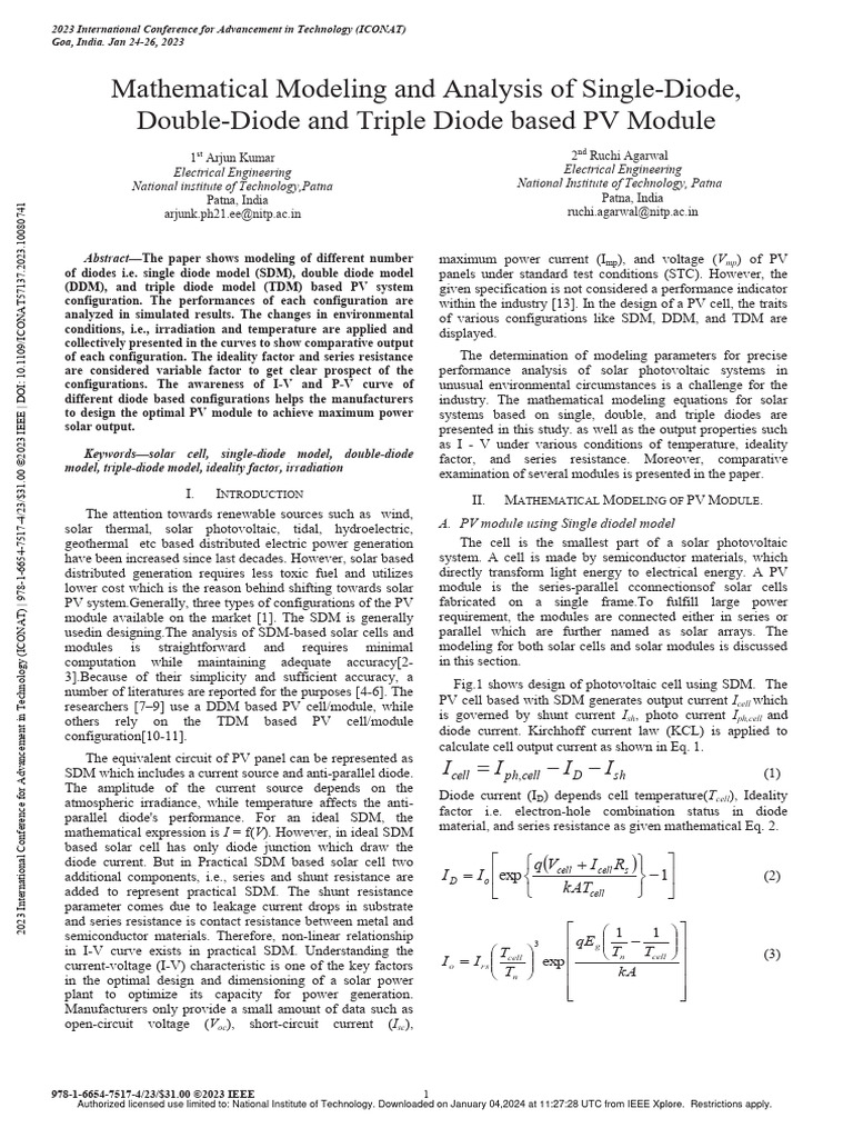 Mathematical Modeling And Analysis Of Single Diode Double Diode And