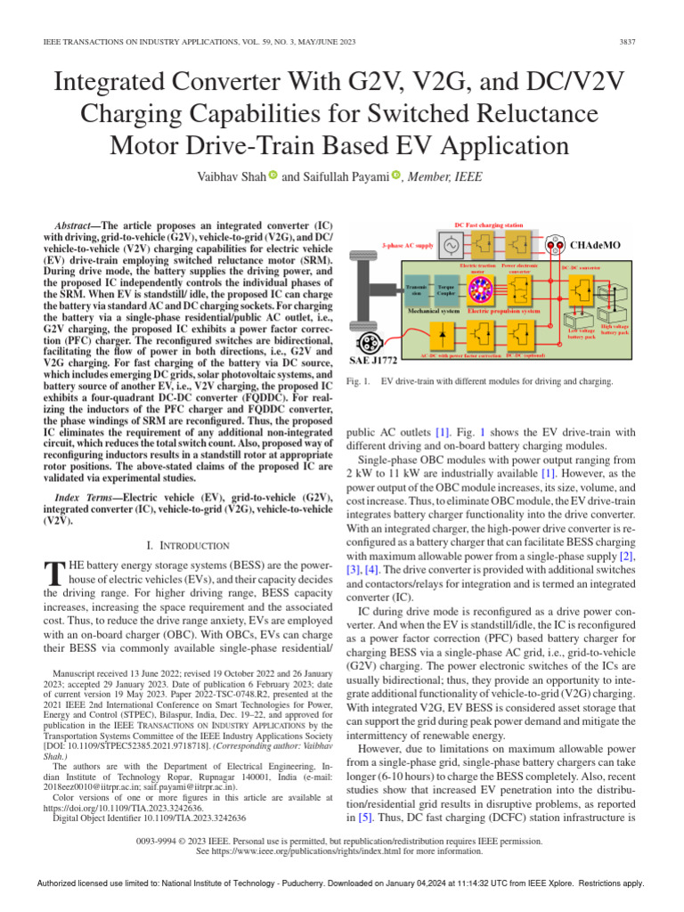 Integrated Converter With G2V V2G and DC V2V Charging Capabilities For Switched Reluctance Motor ...