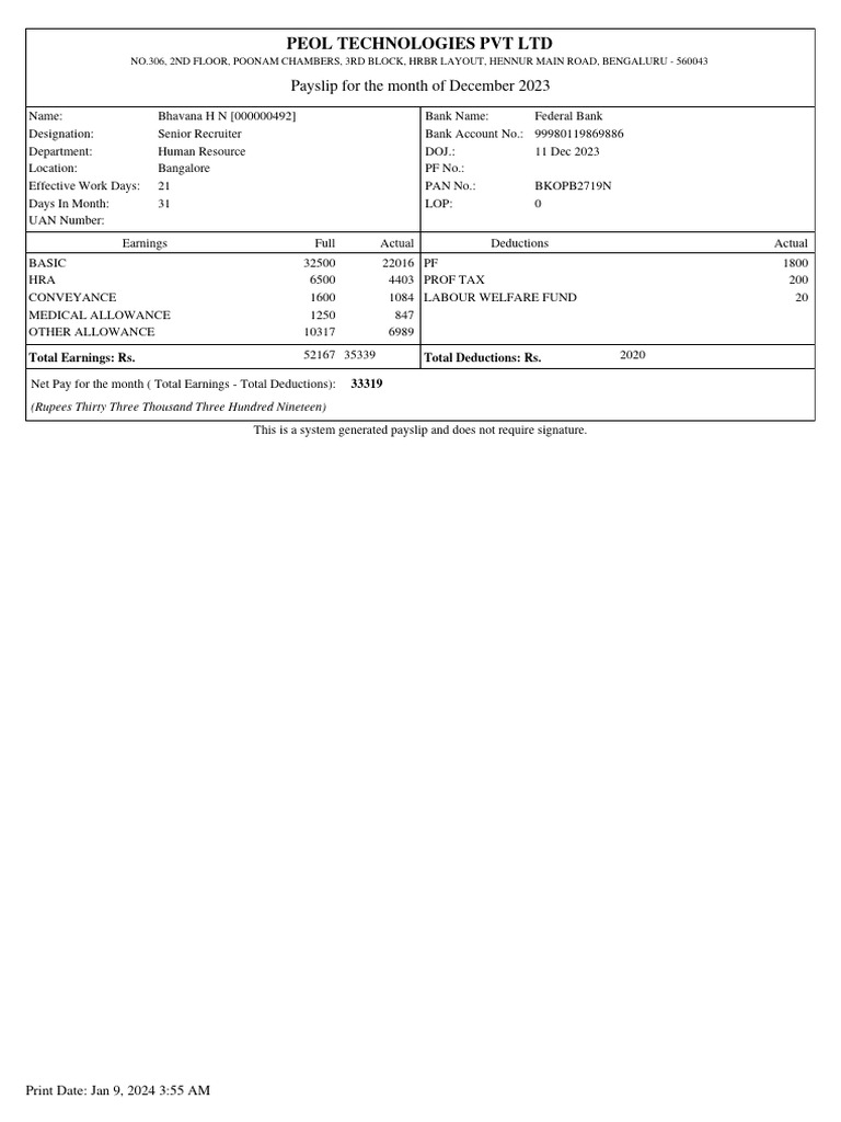 December 2023 Payslip for Bhavana H N | PDF
