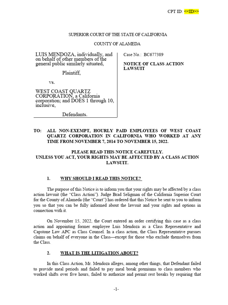 WestCoast Notice | Download Free PDF | Class Action | Lawsuit