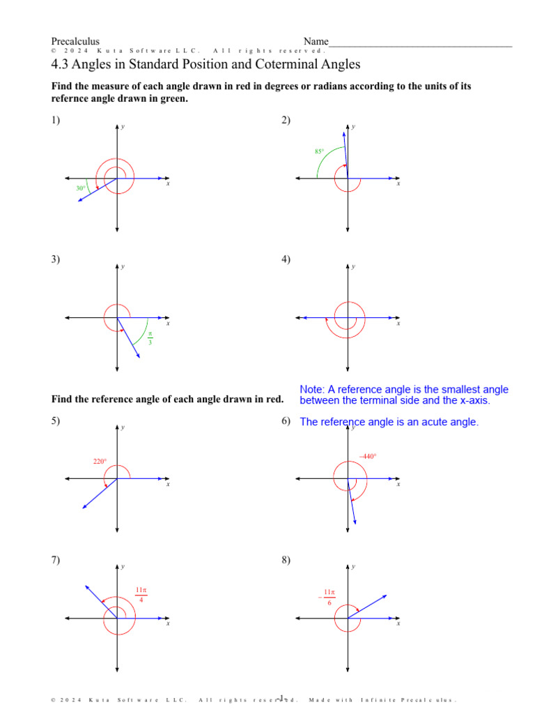 4.3 Angles in Standard Position and Coterminal Angles | PDF