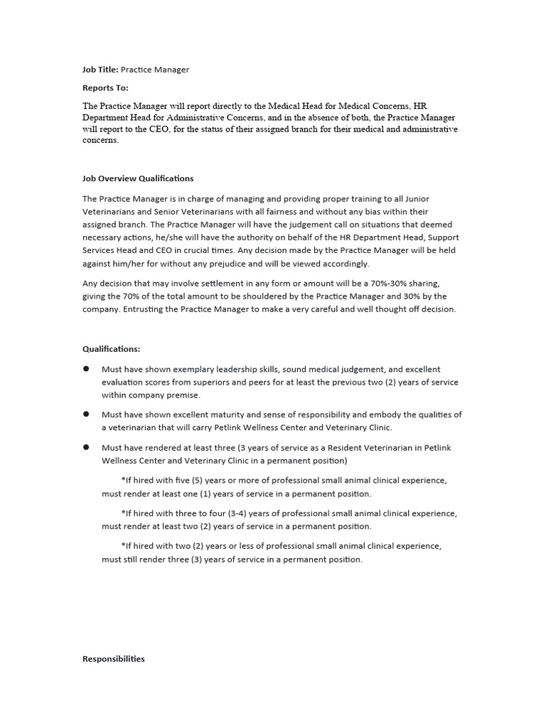 Practice Manager Job Description | PDF | Veterinary Medicine | Nursing