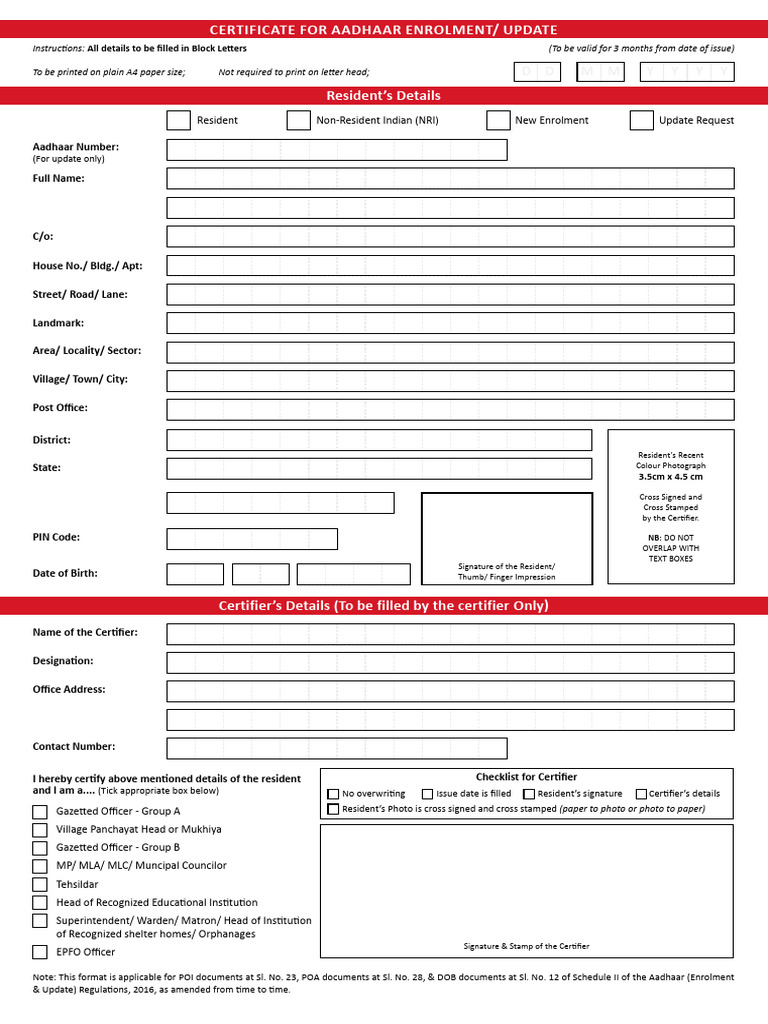Aadhaar Enrollment/Update Certificate Form | PDF | Written Communication
