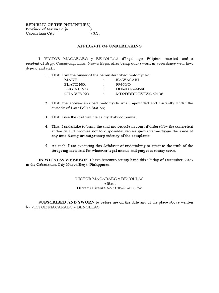 Affid of Undertaking Impounded Vehicle | PDF