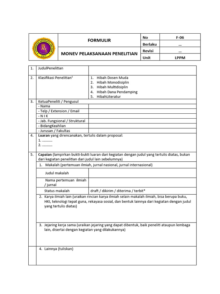 SOP Formulir Pelaksanaan Monev Penelitian | PDF