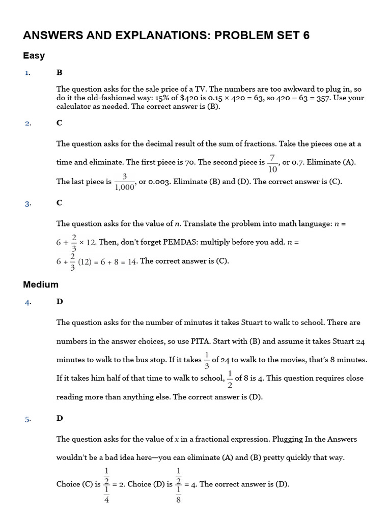 Digital SAT Math Problem Set 6 Answers and Explanations | Download Free ...