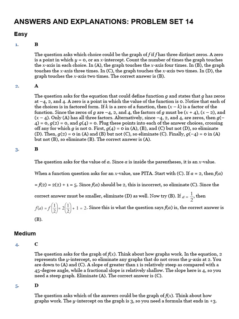Digital SAT Math Problem Set 14 Answers and Explanations | PDF ...
