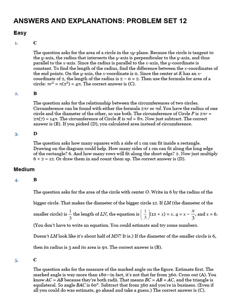 Digital SAT Math Problem Set 12 Answers and Explanations | PDF | Area ...