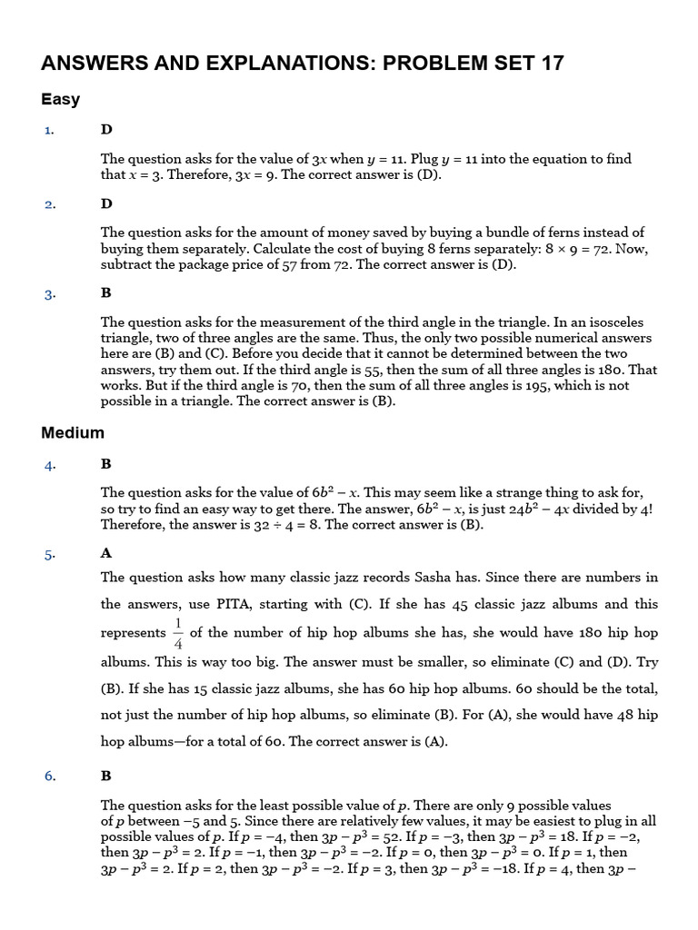 Digital SAT Math Problem Set 17 Answers and Explanations | PDF