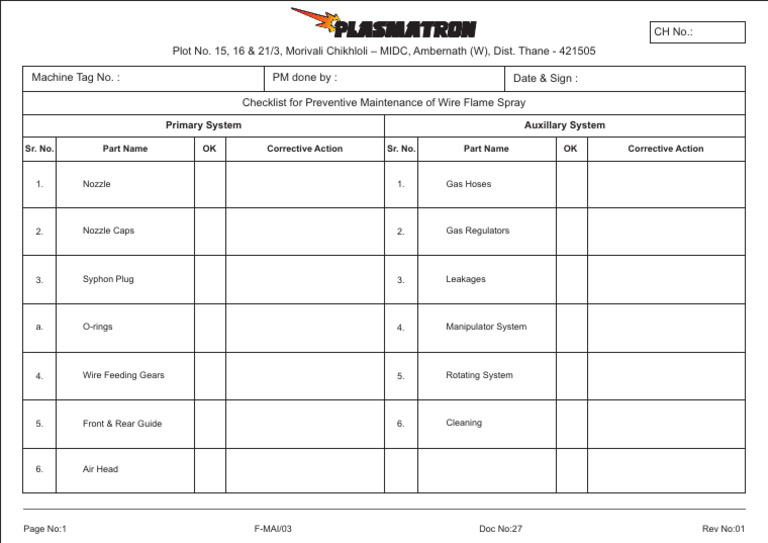 Preventive Maintenance Check List - Wire Flame Spray - Ambernath | PDF