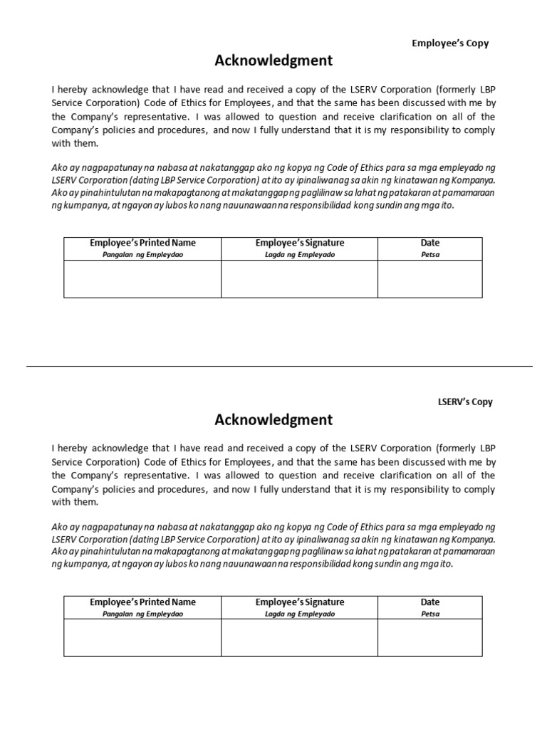 12.1 - LSERV Code of Ethics Acknowledgment | PDF