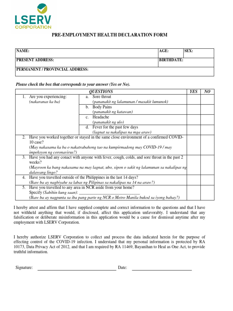 2 - HEALTH DECLARATION FORM For New Hire 05292020 KT | PDF | Medical ...