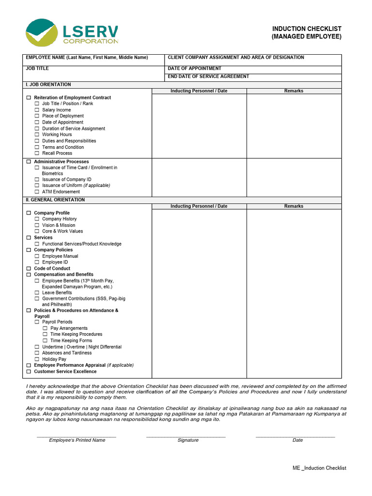 1 ME Induction-Checklist | PDF | Employment | Payroll