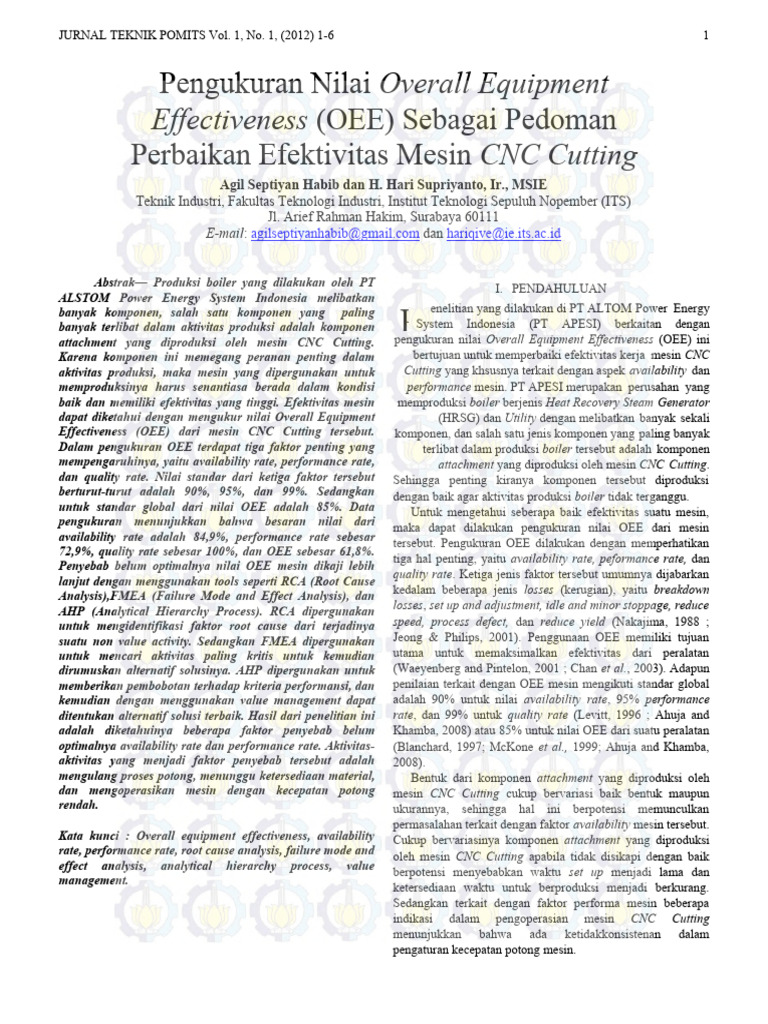 (Jurnal) Pengukuran Nilai Overall Equipment Effectiveness (OEE) Sebagai Pedoman Perbaikan ...