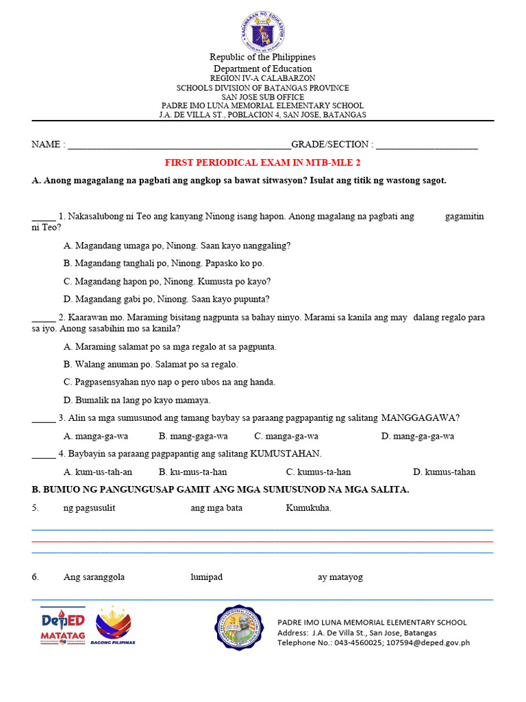 1st PERIODICAL EXAM IN MTB 2 | PDF