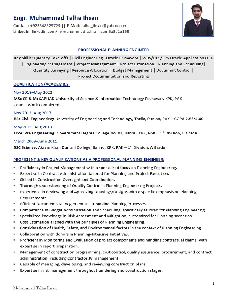 M Talha Ihsan CV Planning Enginner | PDF | Project Management | Risk Management