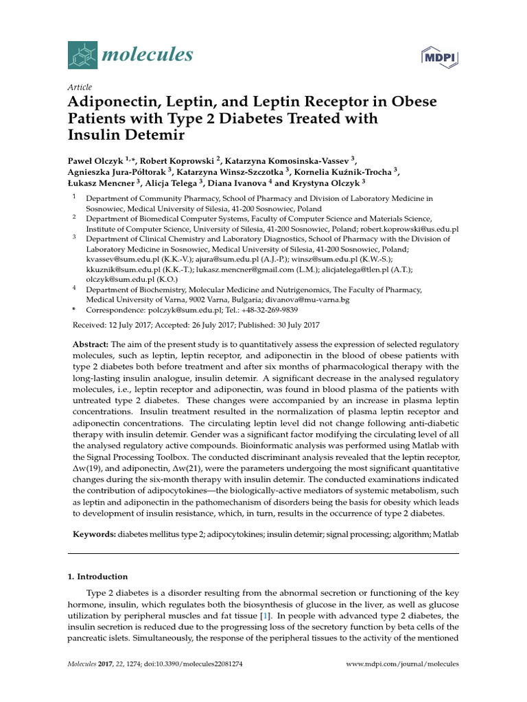 Adiponectin Leptin and Leptin Receptor in Obese Pa | PDF | Leptin | Insulin