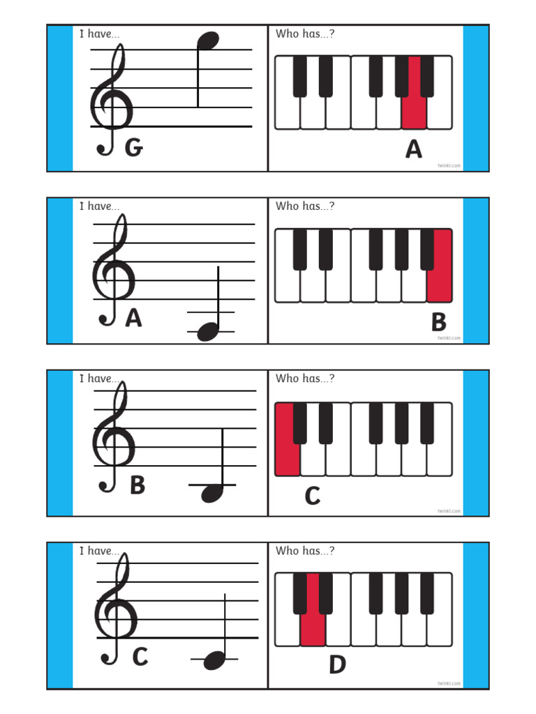 Treble Clef Musical Notes I Have, Who Has - Game | PDF