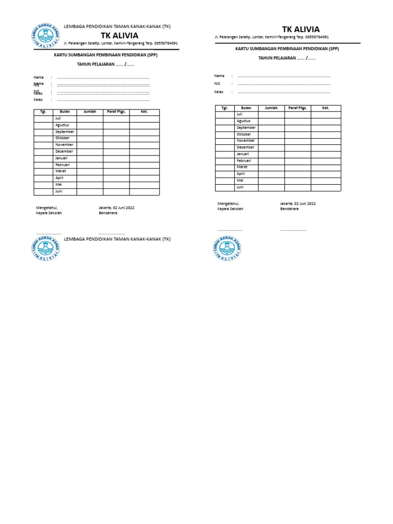 Kartu SPP TK Alivia | PDF