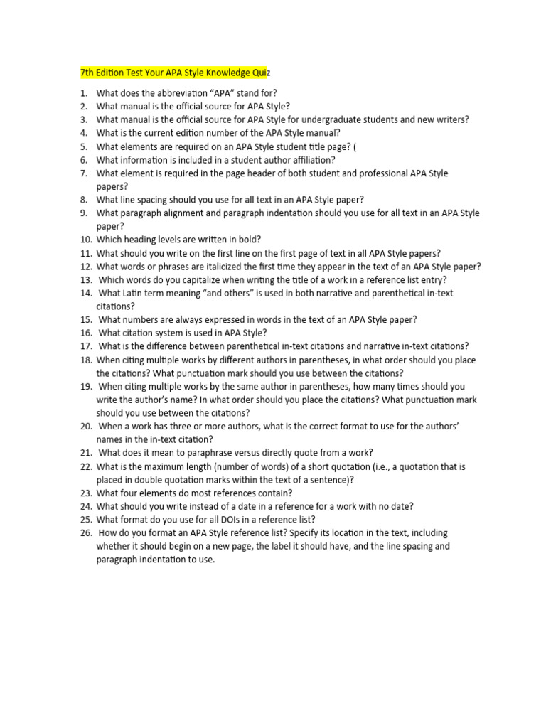 APA Style Knowledge Quiz: 7th Edition | PDF
