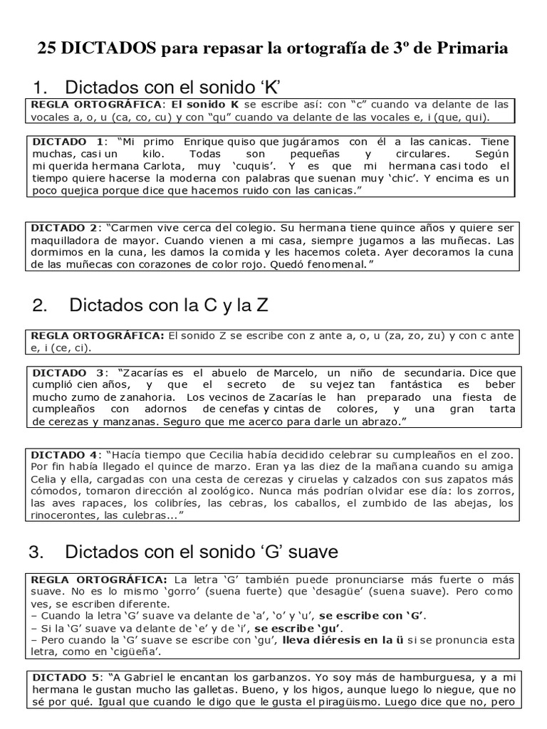 25 DICTADOS para Repasar La Ortografía de 3º de Primaria | PDF