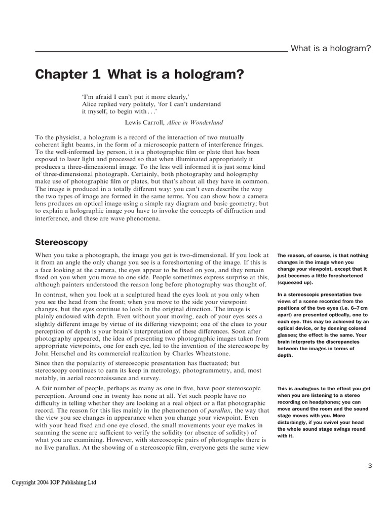 G Saxby Practical - Holography - Chapter 1 - What Is A Hologram | PDF | Diffraction | Holography