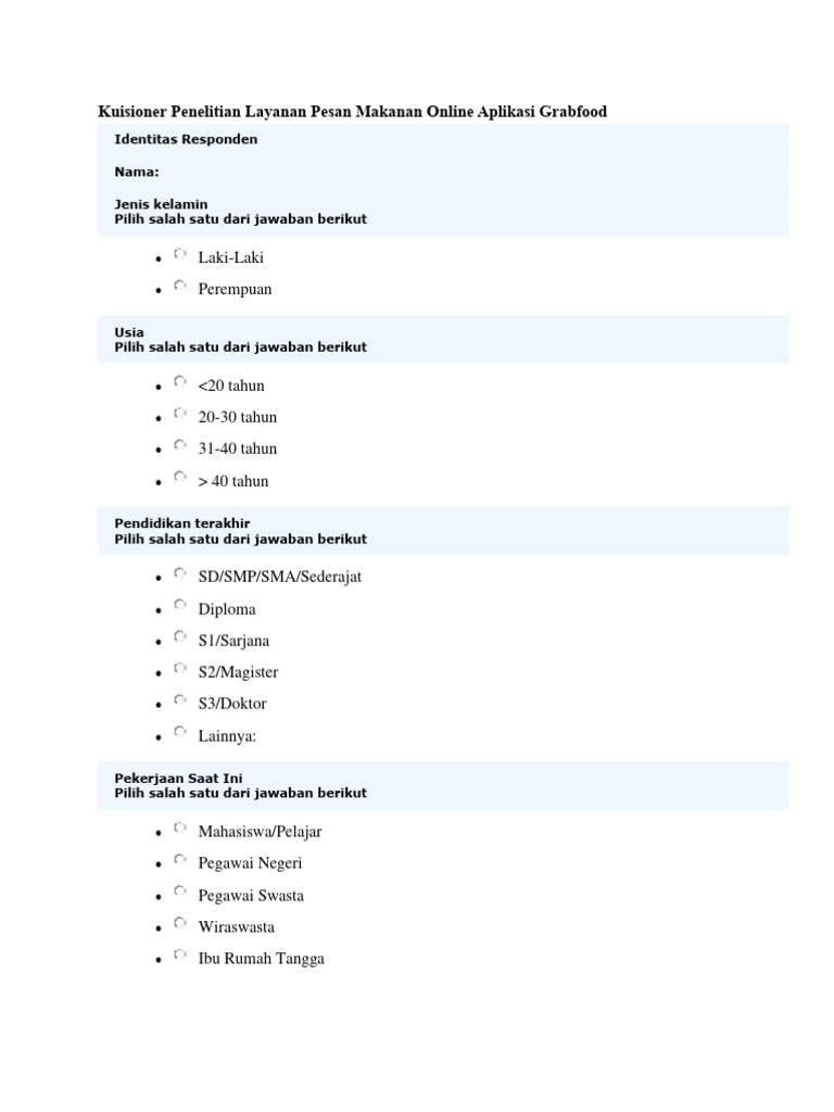 Kuesioner Pesan Makanan Online | PDF