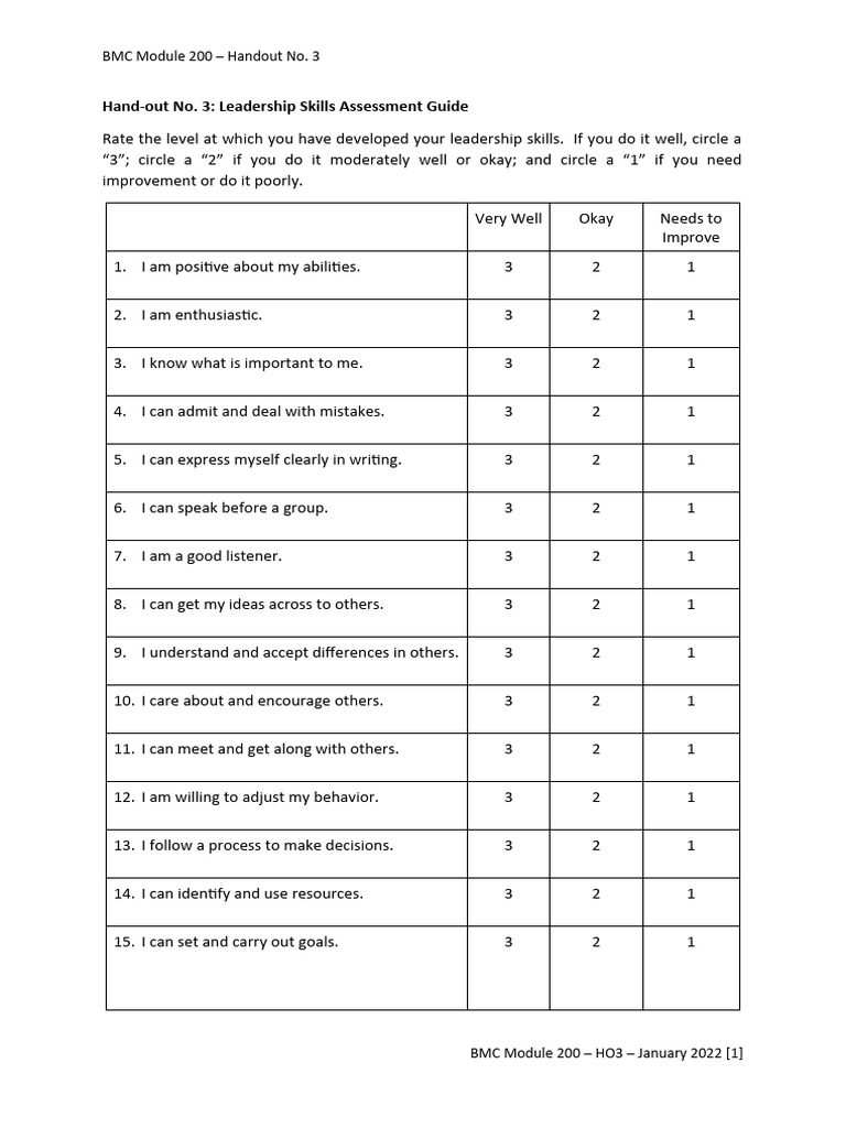 Hand-Out No. 3: Leadership Skills Assessment Guide: BMC Module 200 - Handout No. 3 | PDF