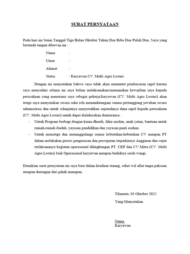 Contoh Surat Pernyataan Karyawan | PDF