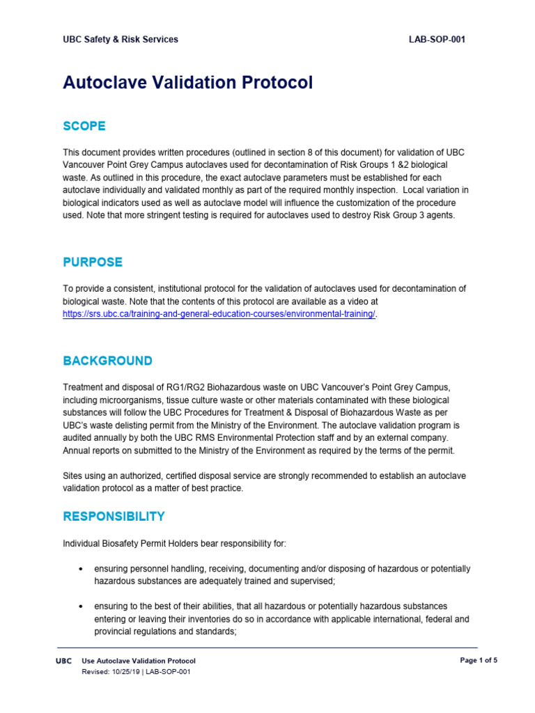 Lab Sop 001 Autoclave Validation Protocol | Download Free PDF ...