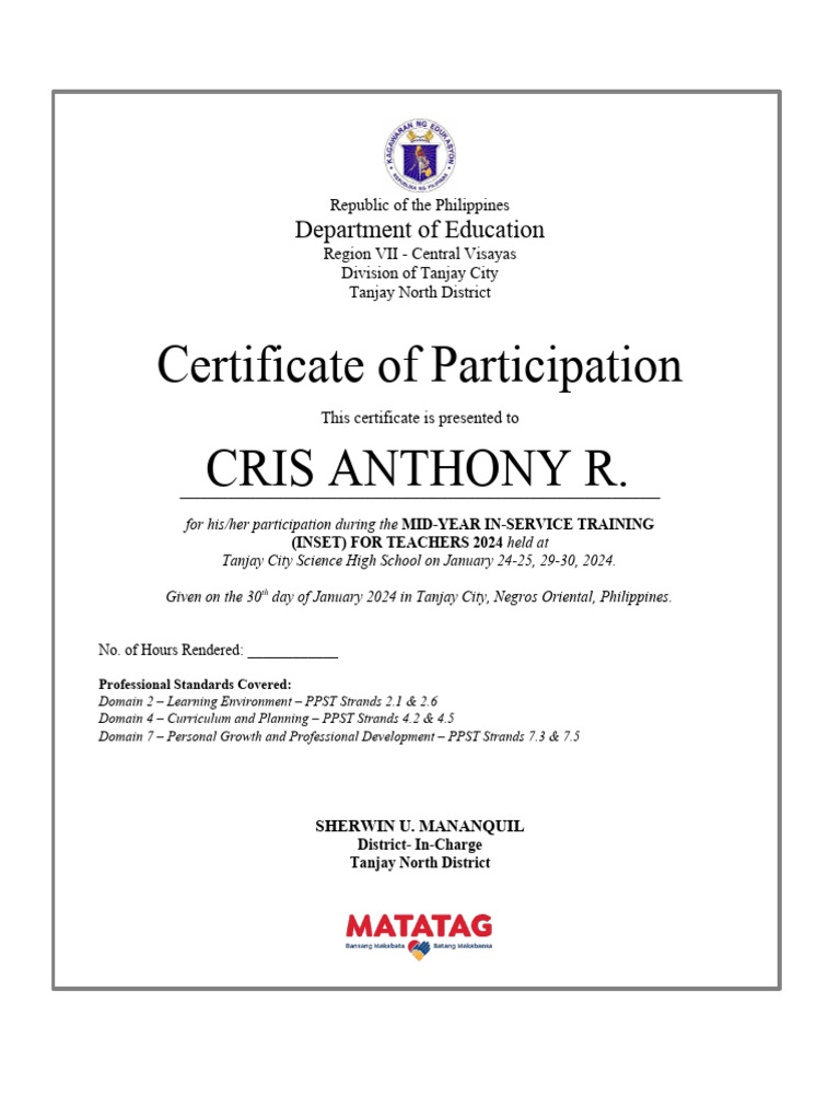 INSET 2024 Teacher Training Certificate | PDF