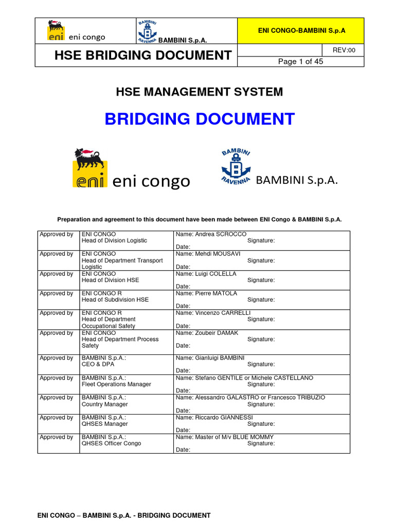 ENI CONGO - Bambini Spa Bridging Document | Download Free PDF | Safety | Occupational Safety And ...
