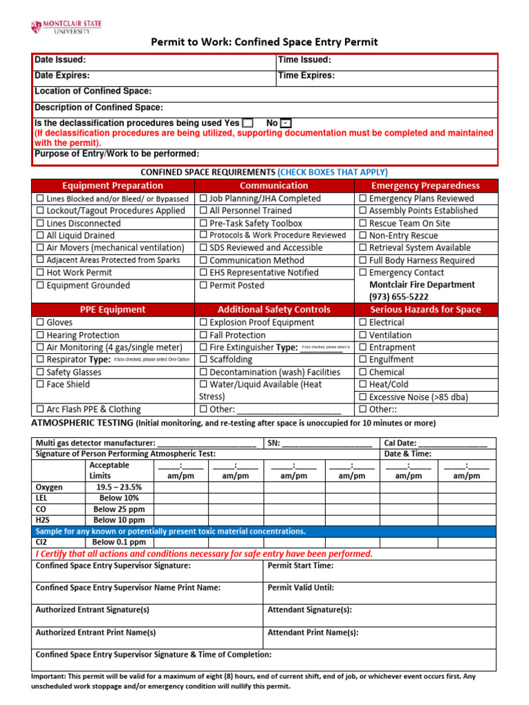 MSU Confined Space Entry Permit Fillable Form | PDF | Personal Protective Equipment ...
