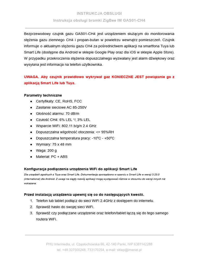 Czujnik Gazu Gas01 ch4 Instrukcja | PDF