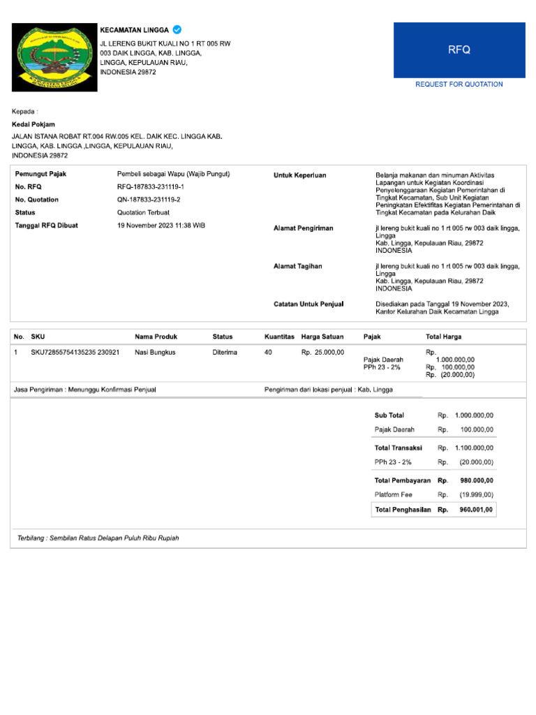 RFQ Nasi Bungkus | PDF
