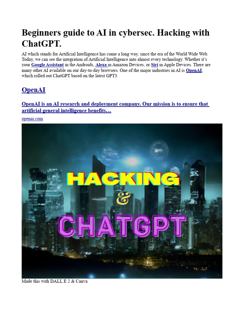Beginners Guide To AI in Cybersec. Hacking With ChatGPT. | PDF
