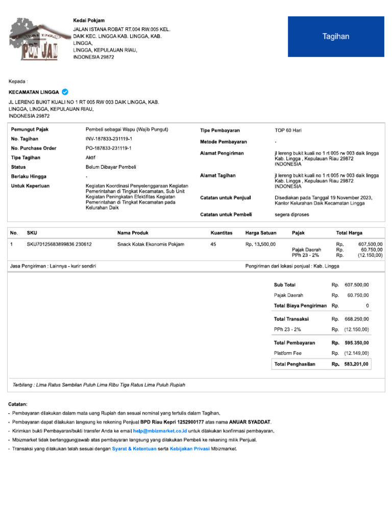INVOICE Snack Kotak | PDF
