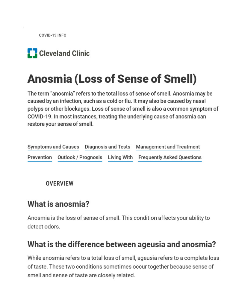 Anosmia (Lost Sense of Smell) - Definition, Causes, Symptoms | PDF ...