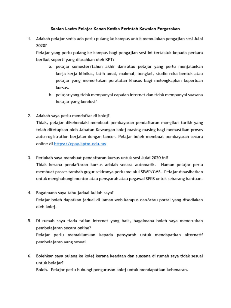 Soalan Lazim Pelajar Kanan | PDF