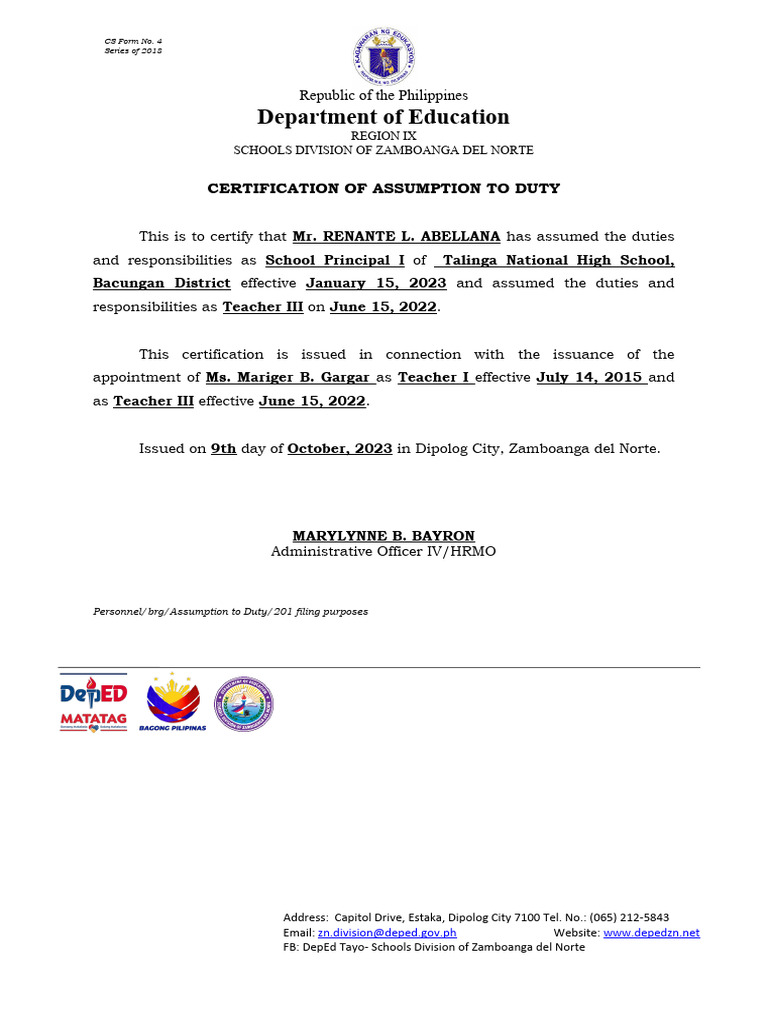 Assumption To Duty For 201 Filing Purposes Only | PDF