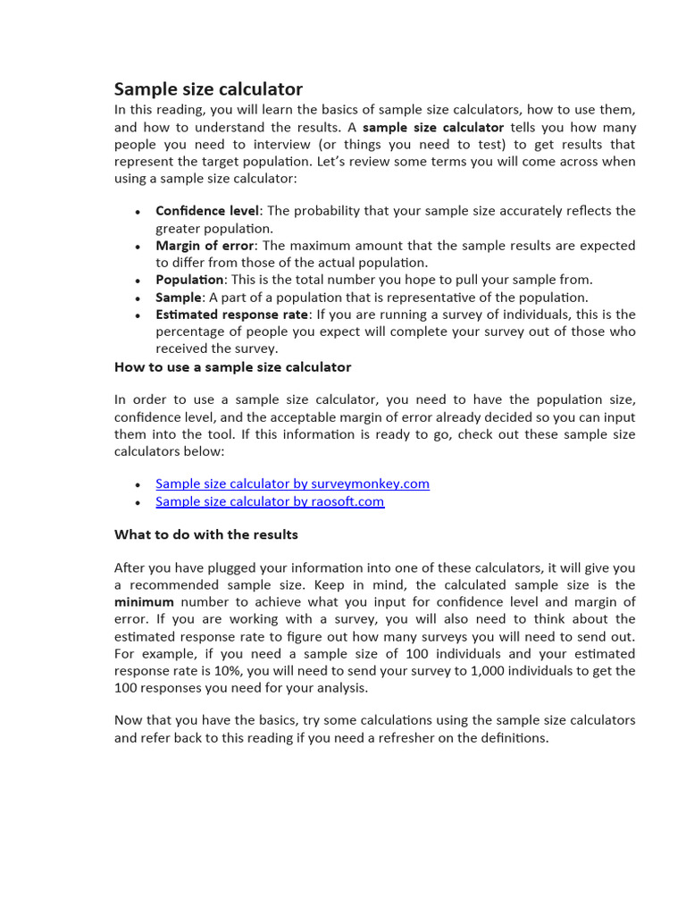 Sample Size Calculator | PDF | Sampling (Statistics) | Sample Size ...