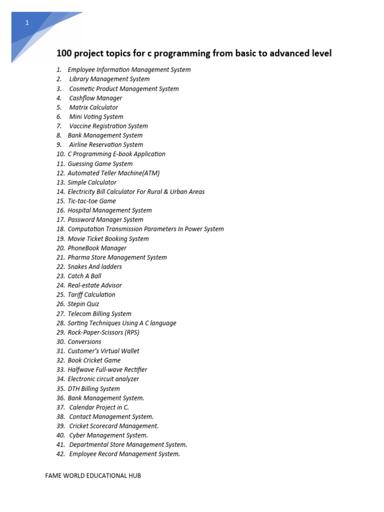 100 Project Topics For C Programming From Basic To Advanced Level | PDF | Computing