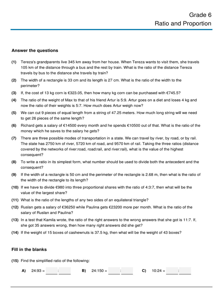 Grade 6 Ratio and Proportion | PDF | Ratio | Length