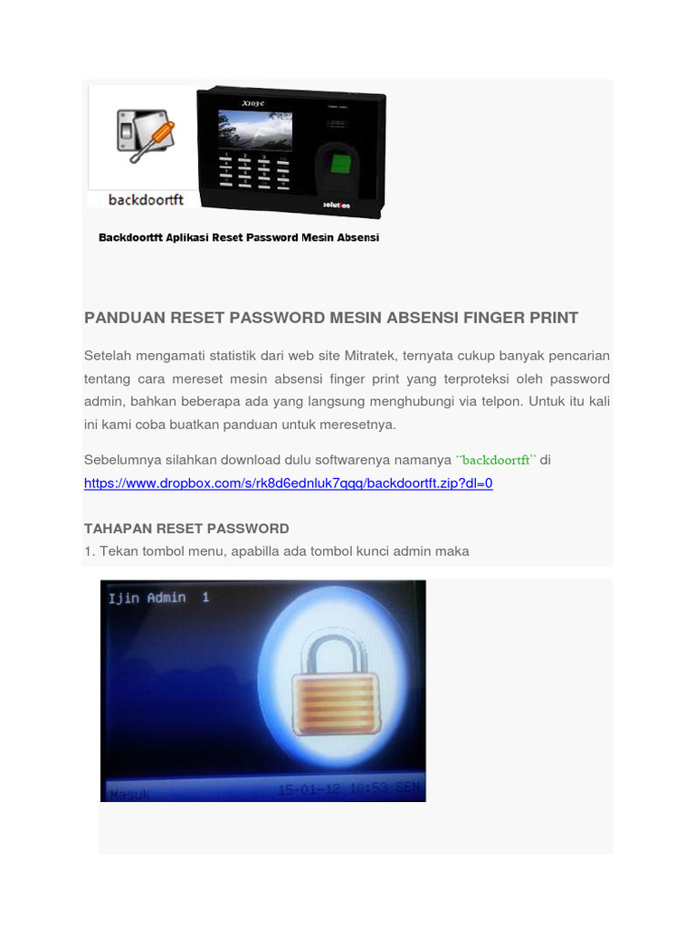 Panduanresetpasswordmesinabsensifingerprint 150114213521 Conversion Gate02 | PDF