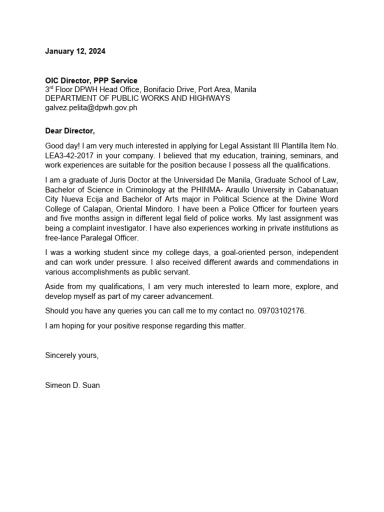 Cover Letter DPWH | PDF