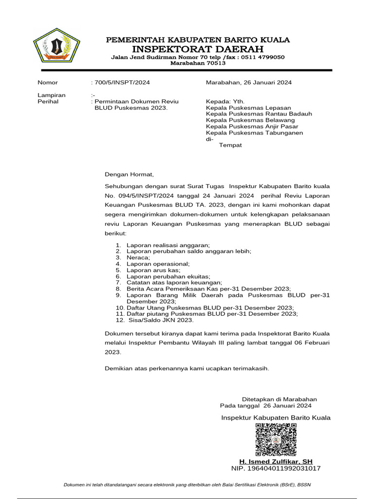 Surat Permintaan Data PKM BLUD | PDF