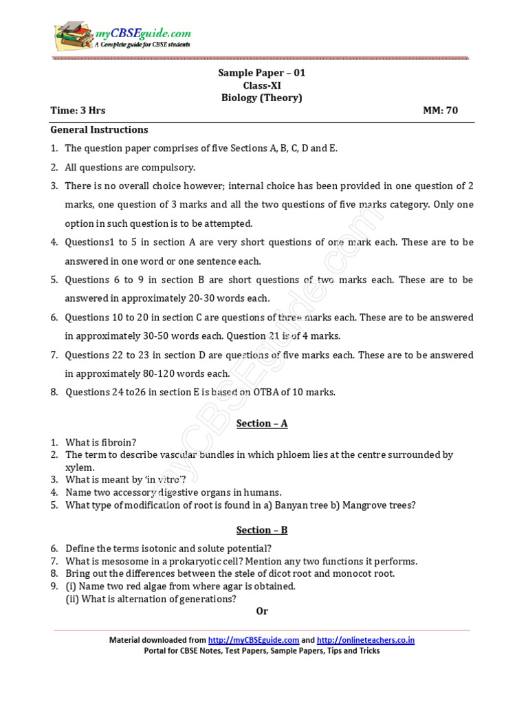 2017 11 Sample Paper Biology 01 QP | PDF | Biology | Biochemistry